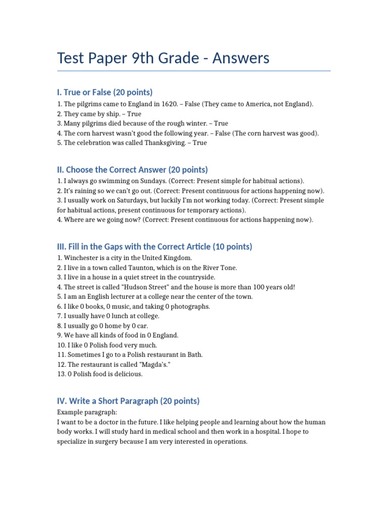 9th Grade Test Answers | PDF