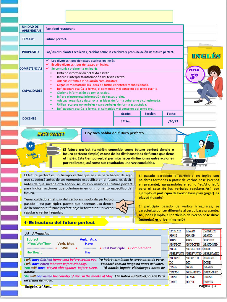 5° Ingl - Ficha Actv 01.unidad 07 | PDF | Verbo | Morfología