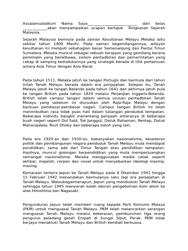 Ringkasan Sejarah Malaysia (Pengucapan Awam) | PDF