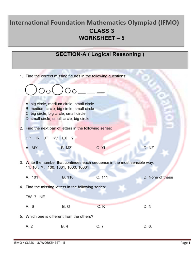 IFMO Class 3 Worksheet 5 | PDF | Teaching Methods & Materials