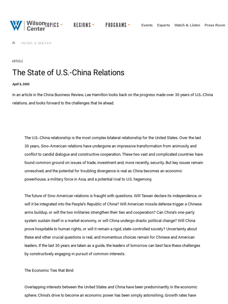 The State of U.S.-China Relations - Wilson Center | PDF | China | World ...