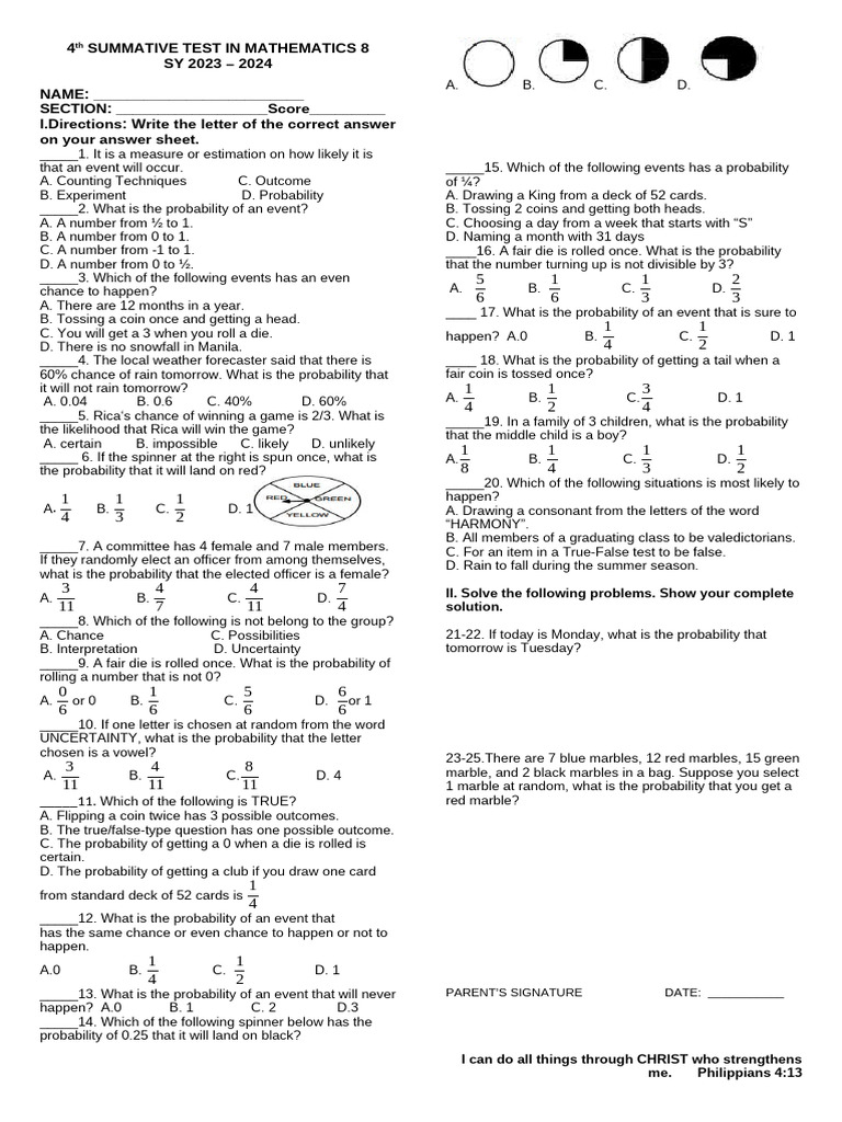 Math 8 Probability Test 2023-2024 | PDF | Probability | Probability And ...