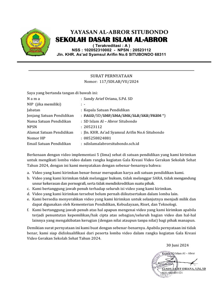 Surat Pernyataan Abror | PDF | Bisnis