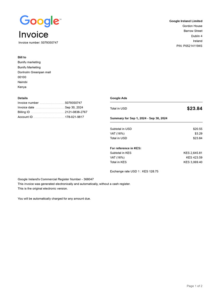 Invoice: Google Ireland Limited | PDF | Invoice | Money
