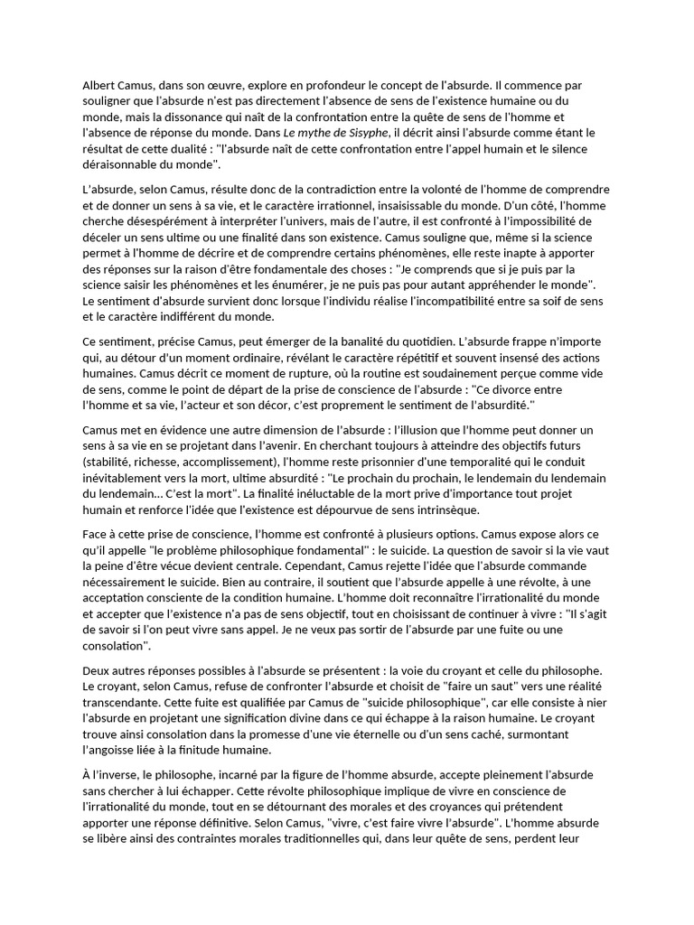 L'absurde selon Camus : une révolte créatrice | PDF | Albert Camus ...
