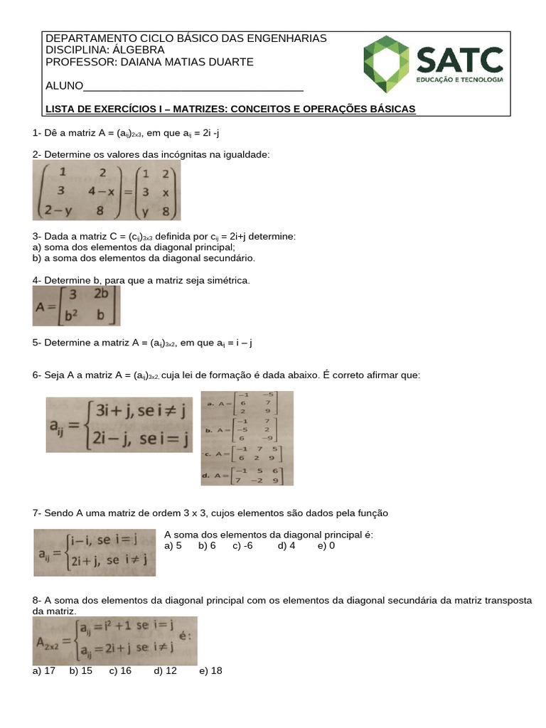 Lista de Exercícios de Matrizes - Álgebra | PDF | Matriz (Matemática)