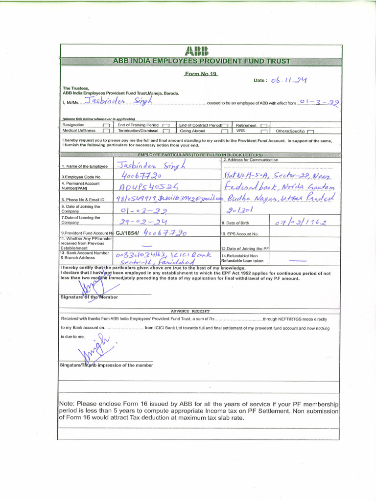 PF Form 19 Jasbinder Singh 40067720 | PDF