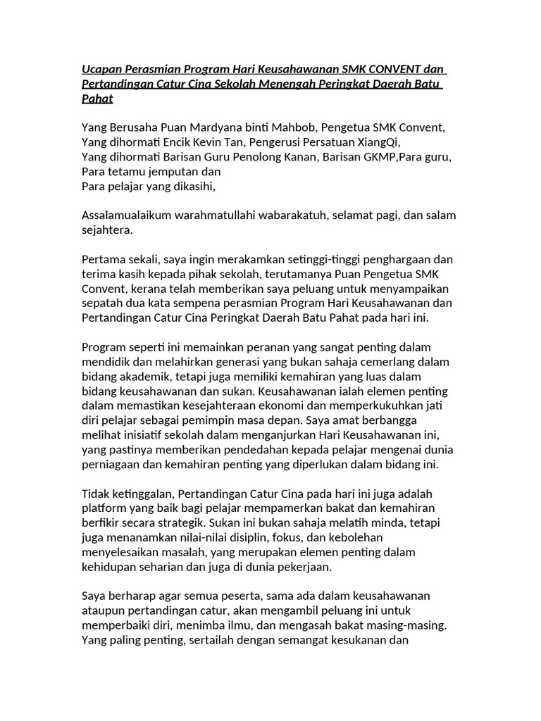 Ucapan Perasmian Program Hari Keusahawanan SMKC | PDF | Bisnis