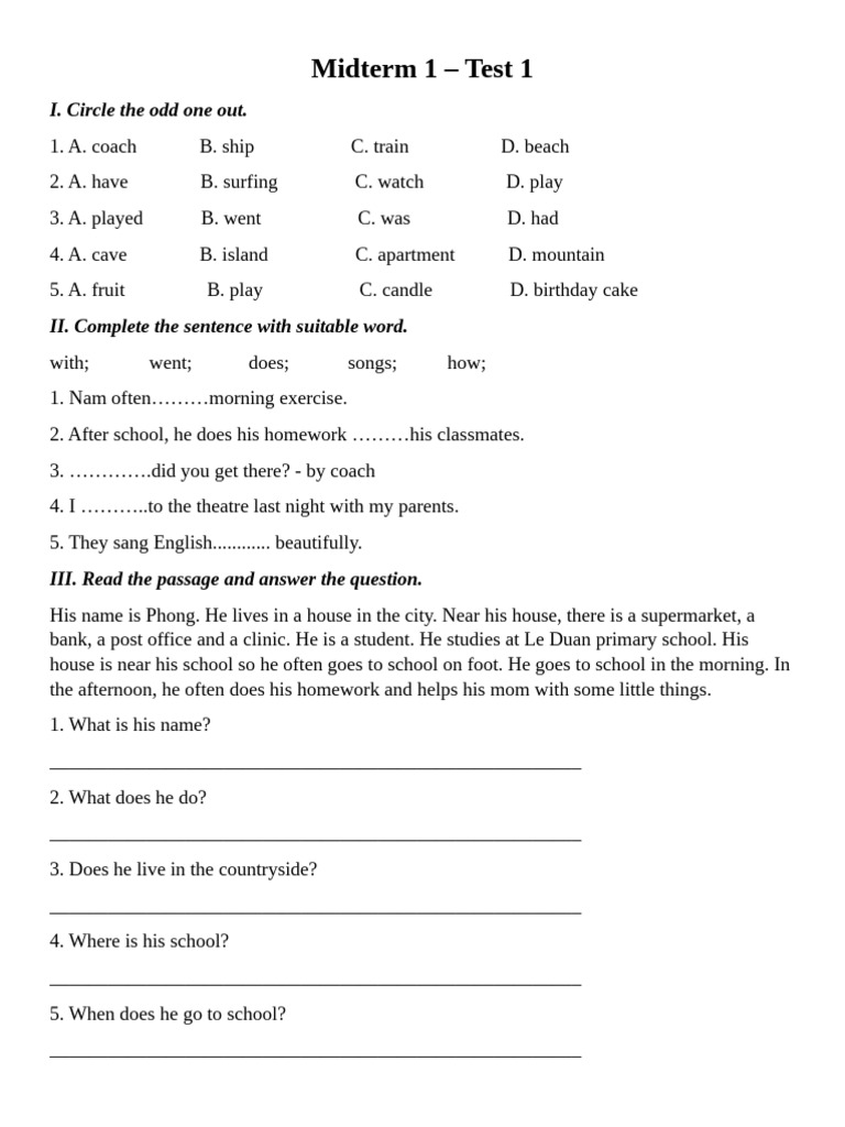 Midterm 1 Test: English Language Exercises | PDF