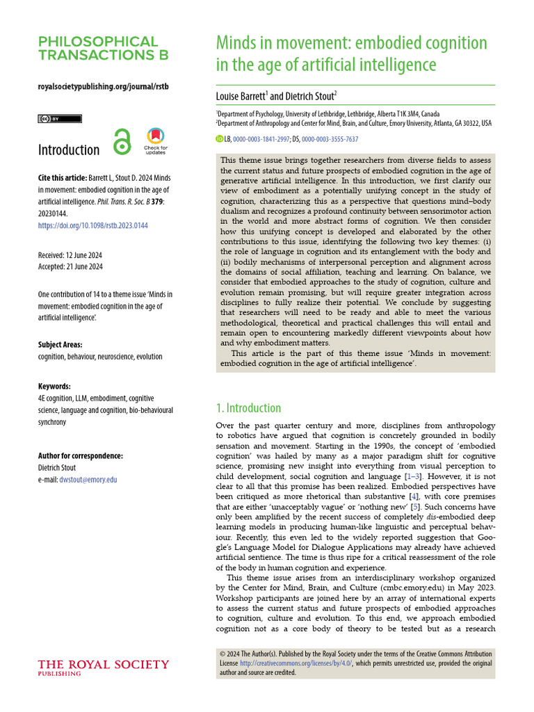 Barrett Stout 2024 Minds in Movement Embodied Cognition in The Age of Artificial Intelligence ...