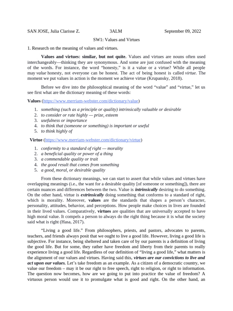 SW1 - Values and Virtues (SAN JOSE) | PDF | Virtue | Intention