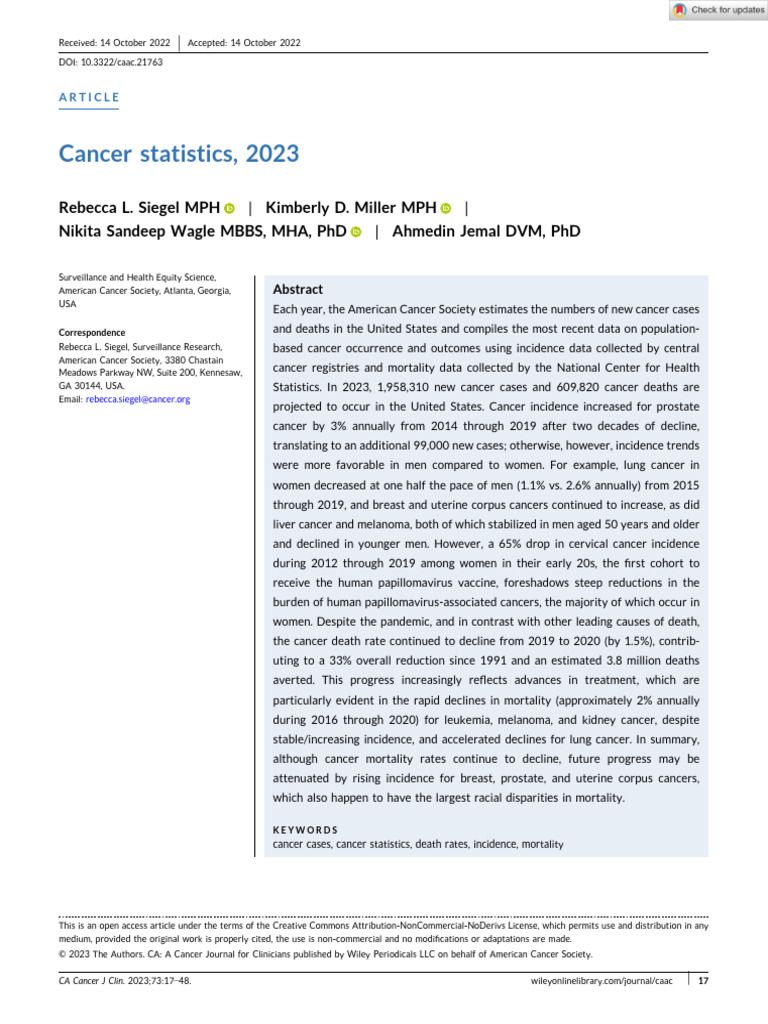 CA A Cancer J Clinicians - 2023 - Siegel - Cancer Statistics 2023 | PDF ...