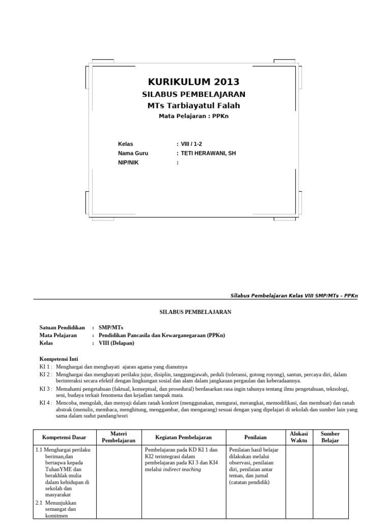 Silabus PKN 8 TF | PDF | Sains & Matematika