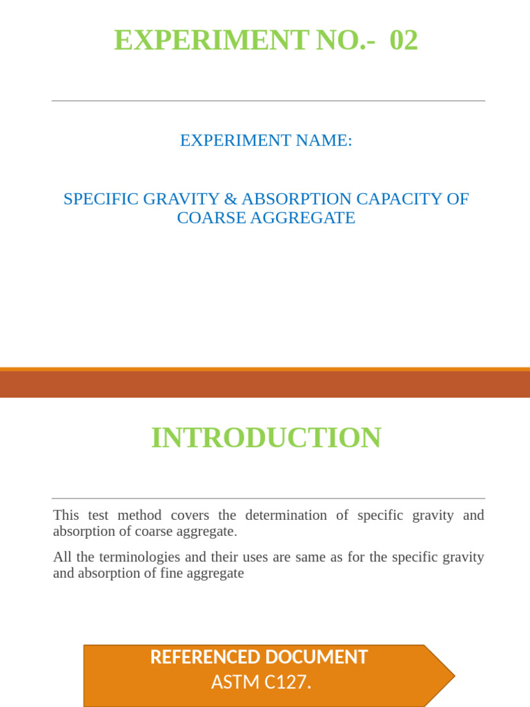 Experiment 02 Specific Gravity & Absorption Capacity of Coarse Aggregate | PDF | Water | Materials