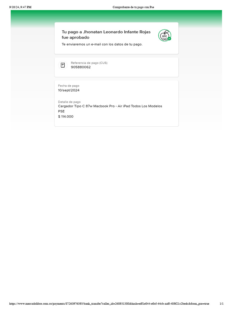 Comprobante de Tu Pago Con Pse | PDF