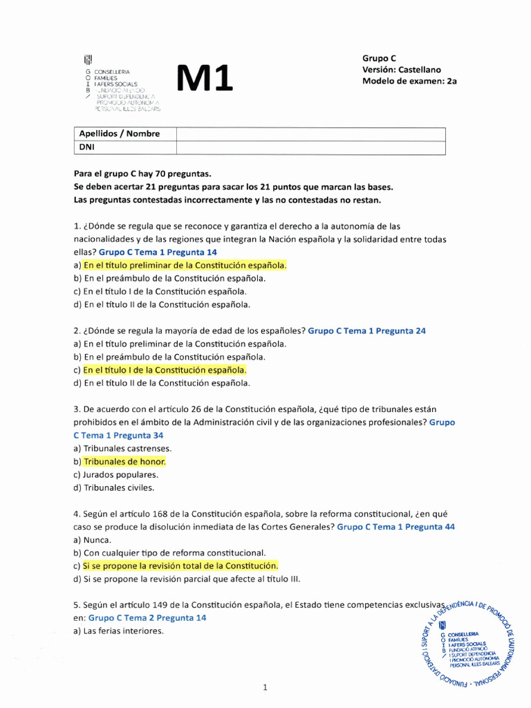 Respuestas Examen Grupo C Modelo 2a M1 | PDF