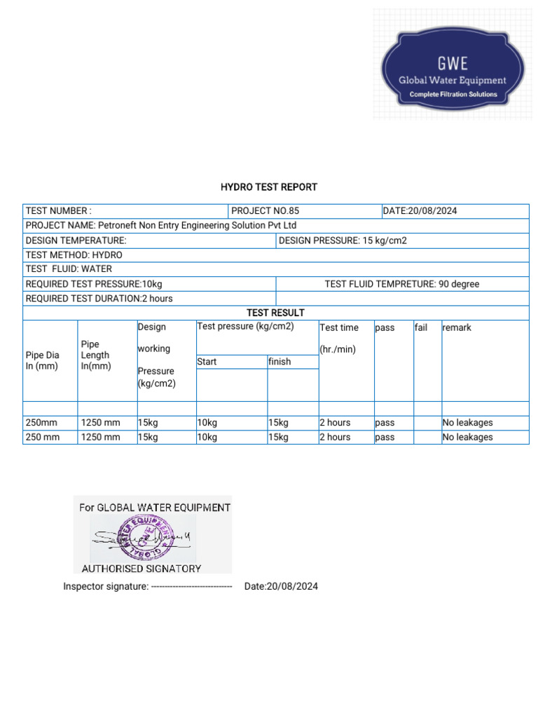 Hydro test report GWE | PDF