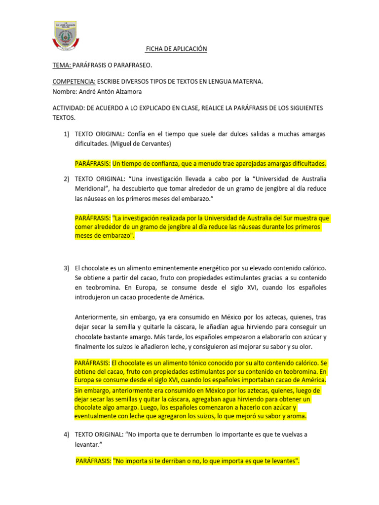 1a - Andre Anton Alzamora - Paráfrasis Verbal | PDF | Chocolate | Té