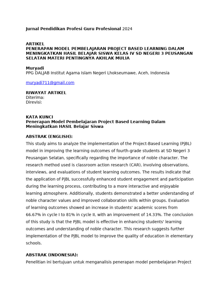 Artikel Penerapan Model Pembelajaran Project Based Learning Dalam Meningkatkan Hasil Belajar ...