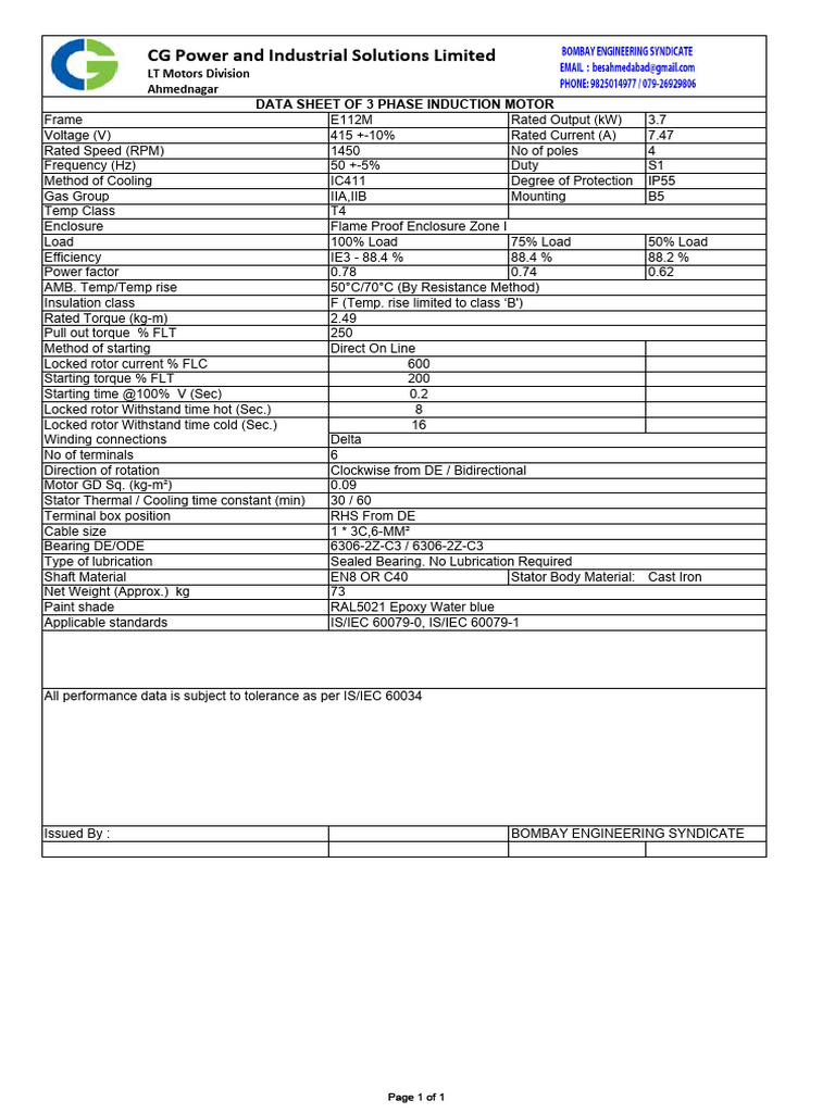 3 Phase Induction Motor Data Sheet | PDF | Electric Motor | Electrical ...