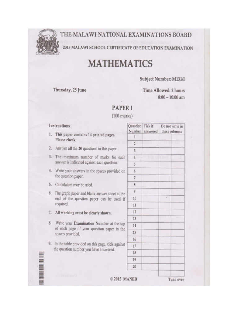 2015 Mathematics Paper I | PDF