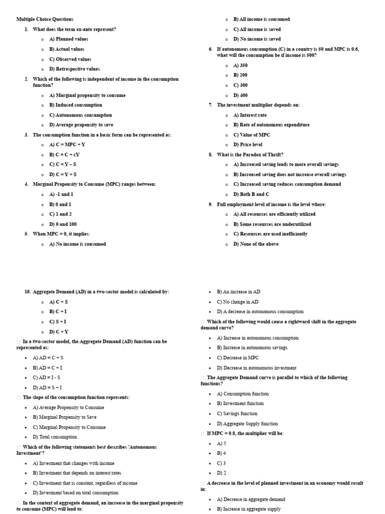 Multiple Choice Question1 | PDF | Consumption (Economics) | Fiscal Multiplier