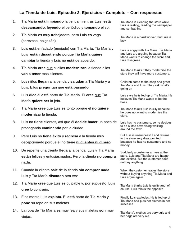 La Tienda de Luis, Episodio 2, Ejercicios, Completo, Con Respuestas | PDF