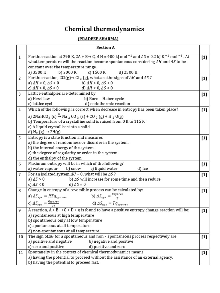 Chemical Thermodynamics Quiz | PDF | Entropy | Enthalpy