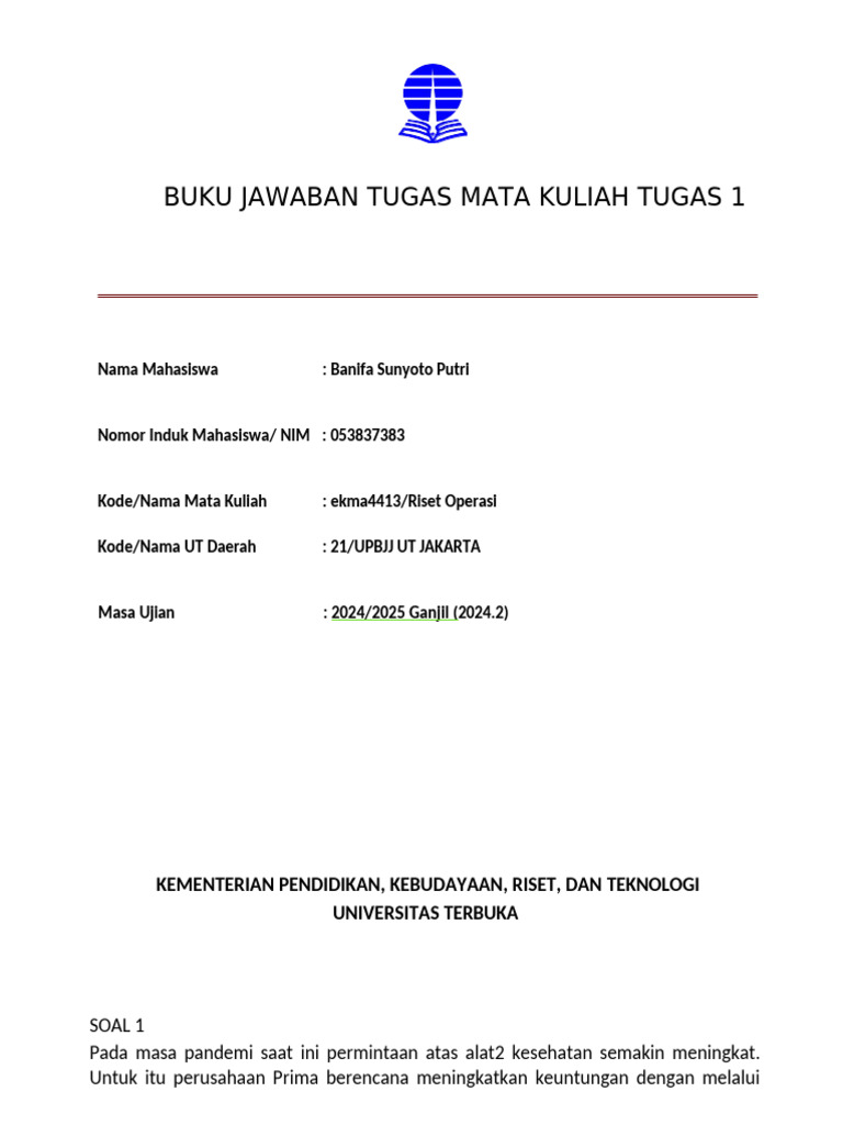 BJT - TUGAS1 - Soal - Ekma4413 - Riset Operasi | PDF