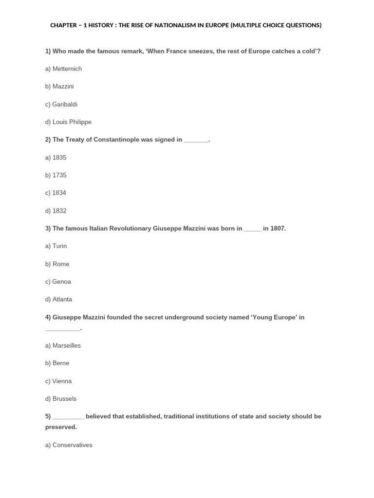 Chapter - 1 History: The Rise of Nationalism in Europe (Multiple Choice ...
