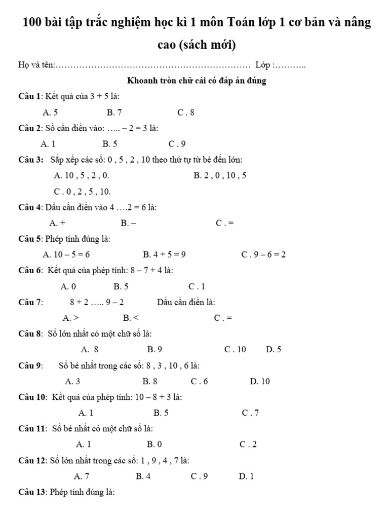 Bai Tap Trac Nghiem Hoc Ki 1 Mon Toan Lop 1 | PDF