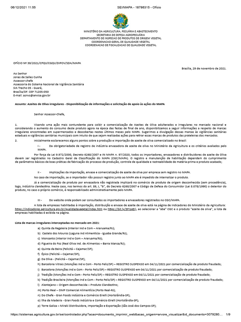 SEI - MAPA - 18786315 - Ofício | PDF | Azeite