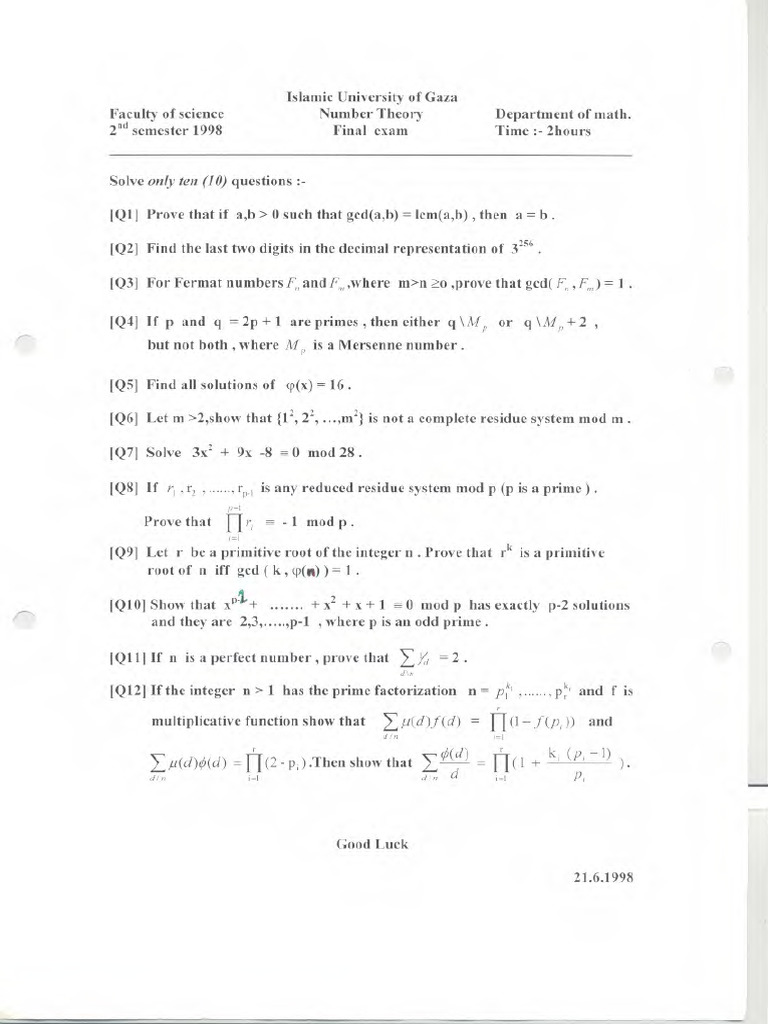 1998-Exams | PDF | Prime Number | Algebra