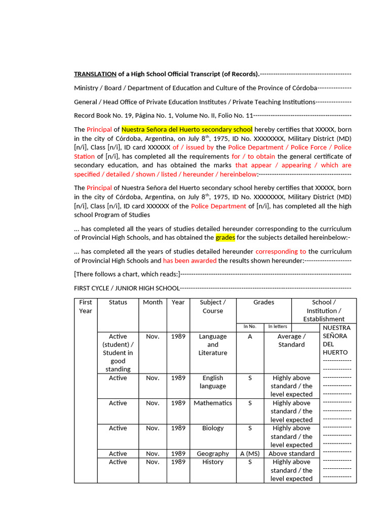 TRANSLATION of A High School Official Transcript | PDF | Educational Stages