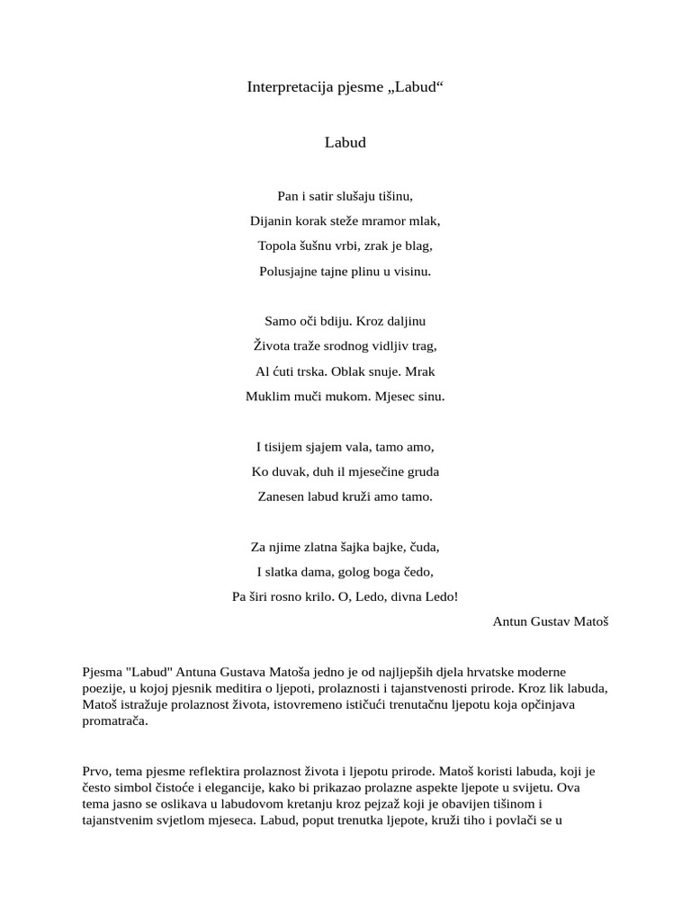 Interpretacija Pjesme Labud" | PDF