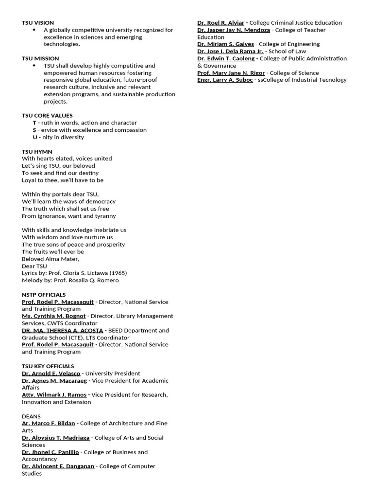 TSU Vision, Mission, and Key Officials | PDF | Social Science