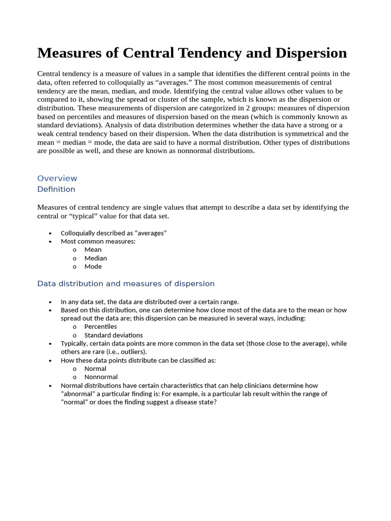 Central Tendency and Dispersion Explained | PDF | Mean | Standard Deviation