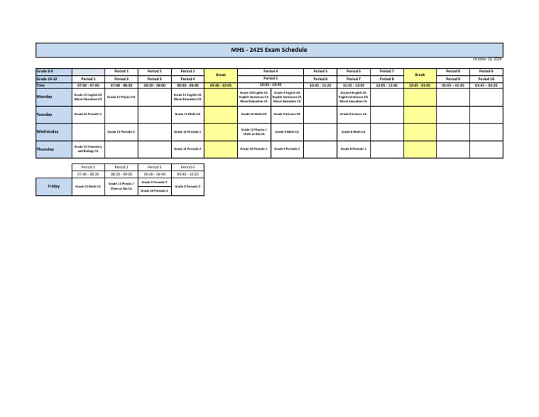 MHS - 2425 Exam Schedule | PDF | Educational Stages