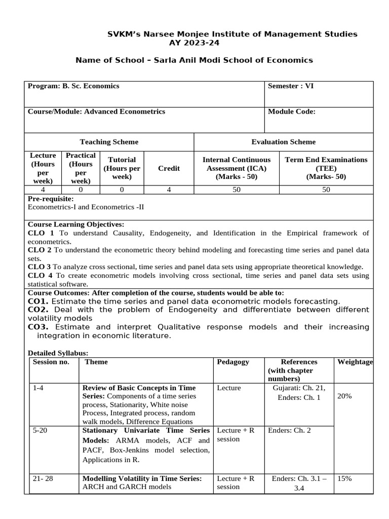 Course Outline Advanced Econometrics Semvi 23 24 Pdf Time Series