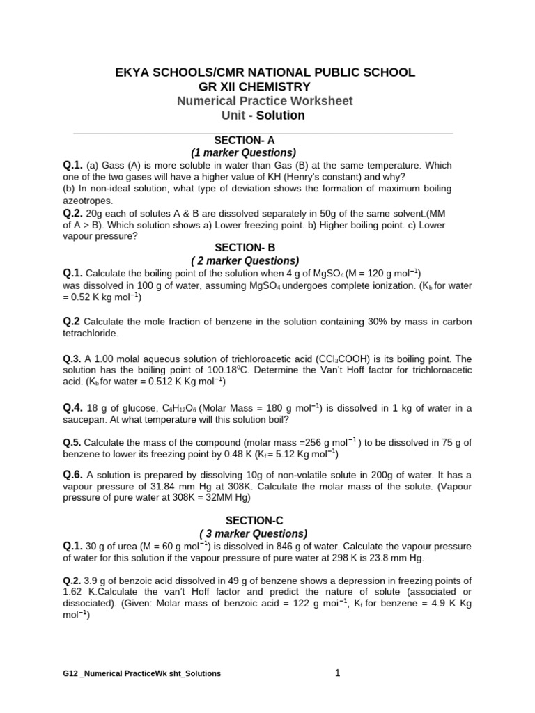 1a. G12 Numerical PracticeWk SHT Solutions | PDF | Water | Phases Of Matter