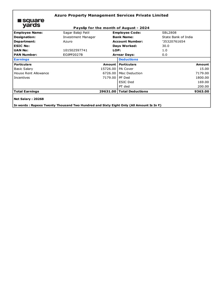 August 2024 Payslip for Sagar Patil | PDF
