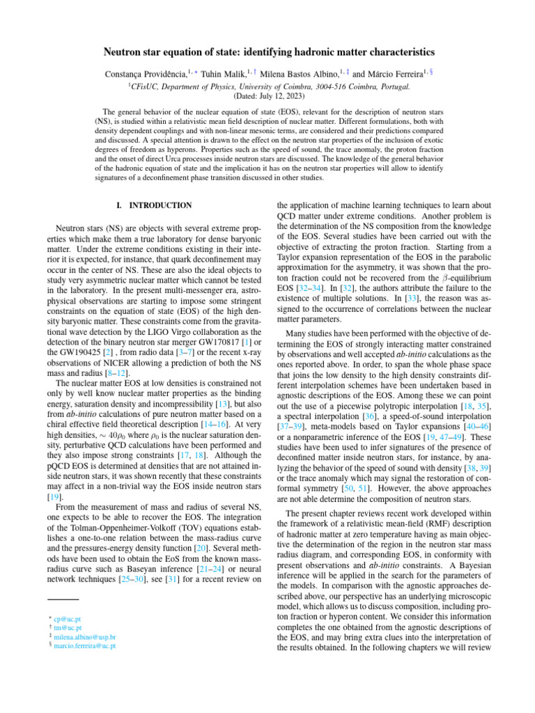 Neutron Star Equation of State: Identifying Hadronic Matter ...