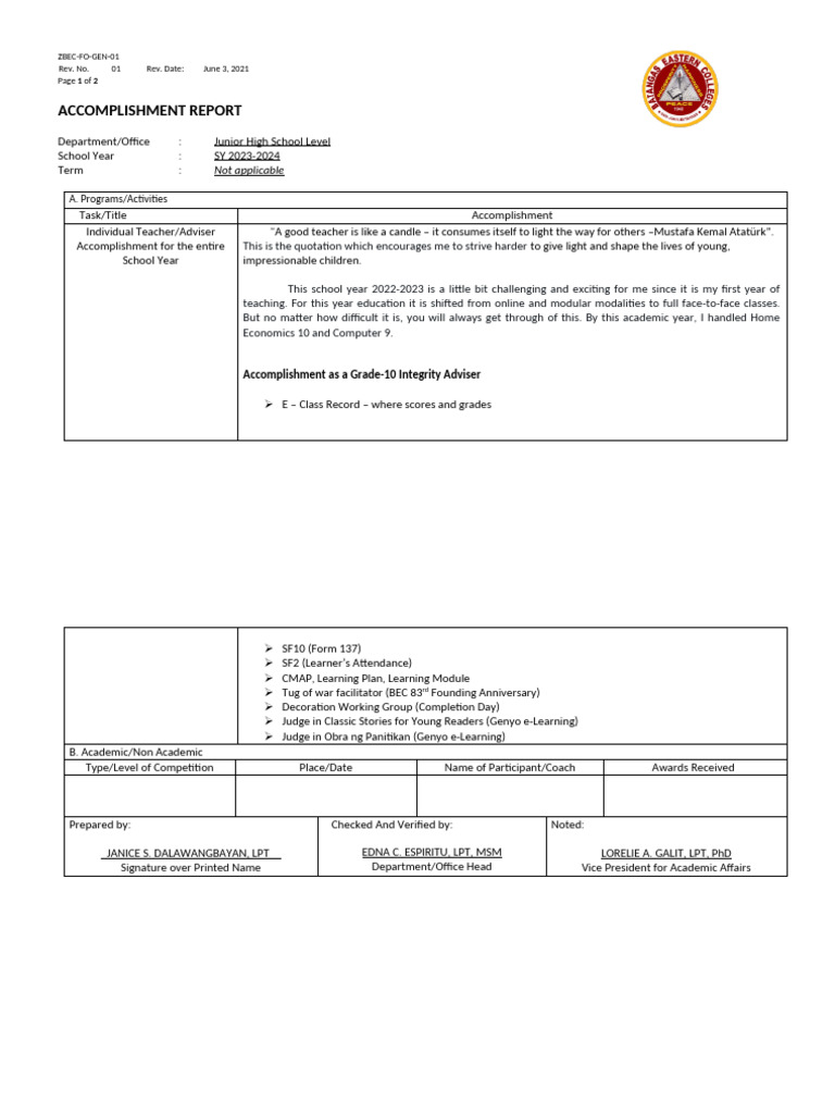 Accomplishment-Report-2023 | PDF | Behavior Modification | Learning