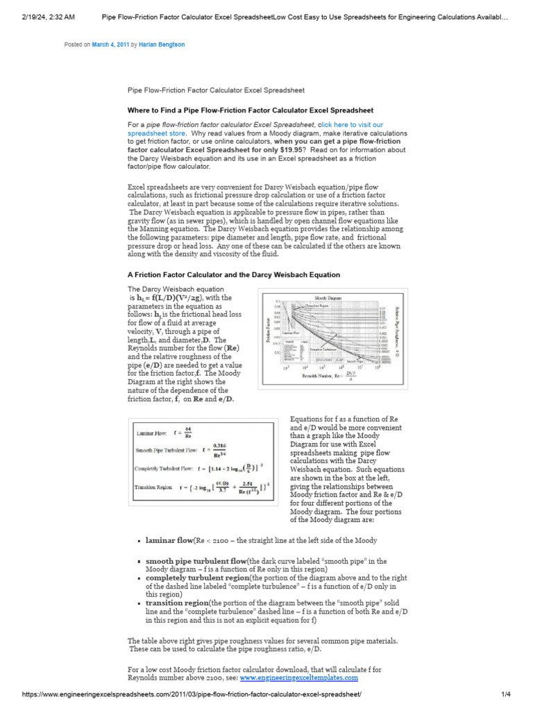 Pipe Flow-Friction Factor Calculator Excel SpreadsheetLow S | PDF | Applied And ...