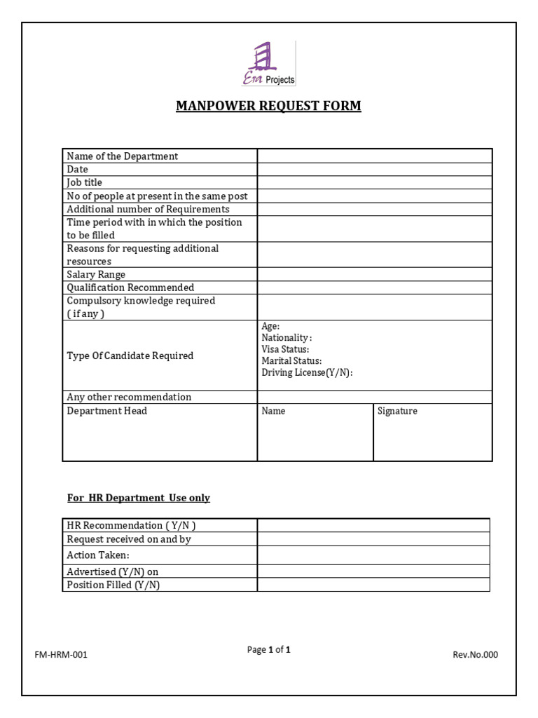 Manpower Request Form FM-HRM-001 | PDF