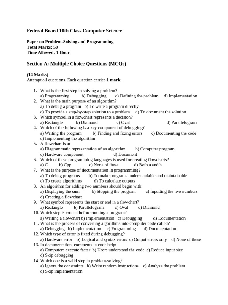 CHP 1 Test Ferderal Board 10th Class | PDF | Computer Programming ...