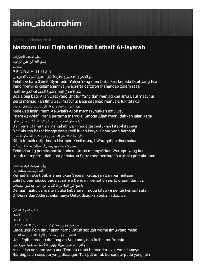 Abim - Abdurrohim - Nadzom Usul Fiqih Dari Kitab Lathaif Al-Isyarah094850 | PDF