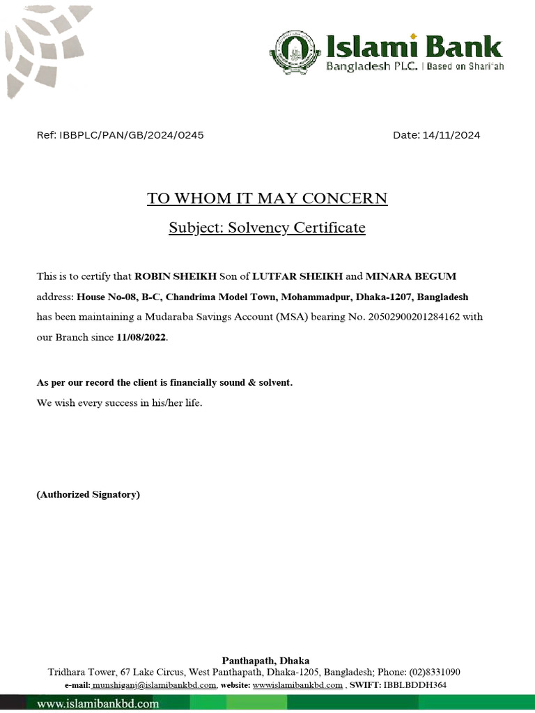 Solvency Certificate for Robin Sheikh | PDF