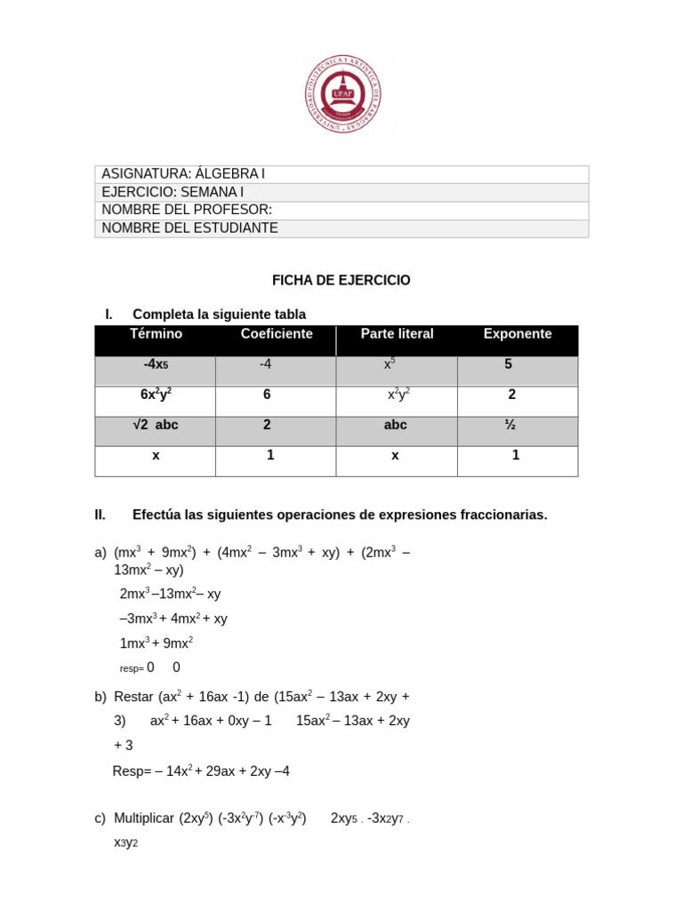 Cópia de SEMANA+I - FICHA+I - ALGEBRA | PDF | Métodos y materiales de enseñanza