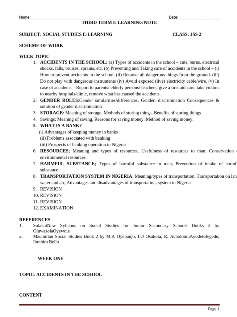 Third Term JSS 2 Social Studies | PDF | Banks | Transport